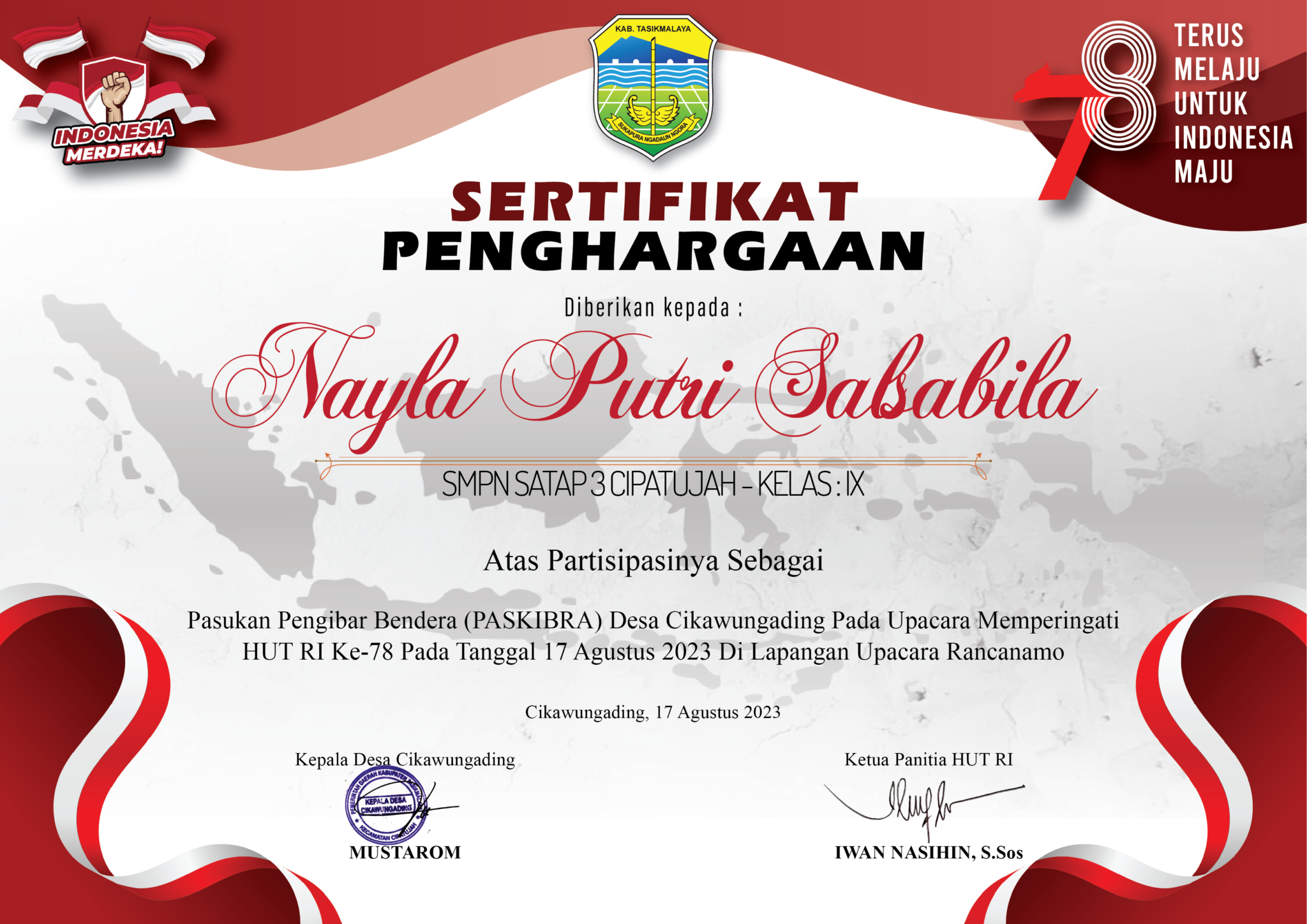 Sertifikat Penghargaan Peserta Paskibra HUT RI Ke 78 - Pemerintahan ...