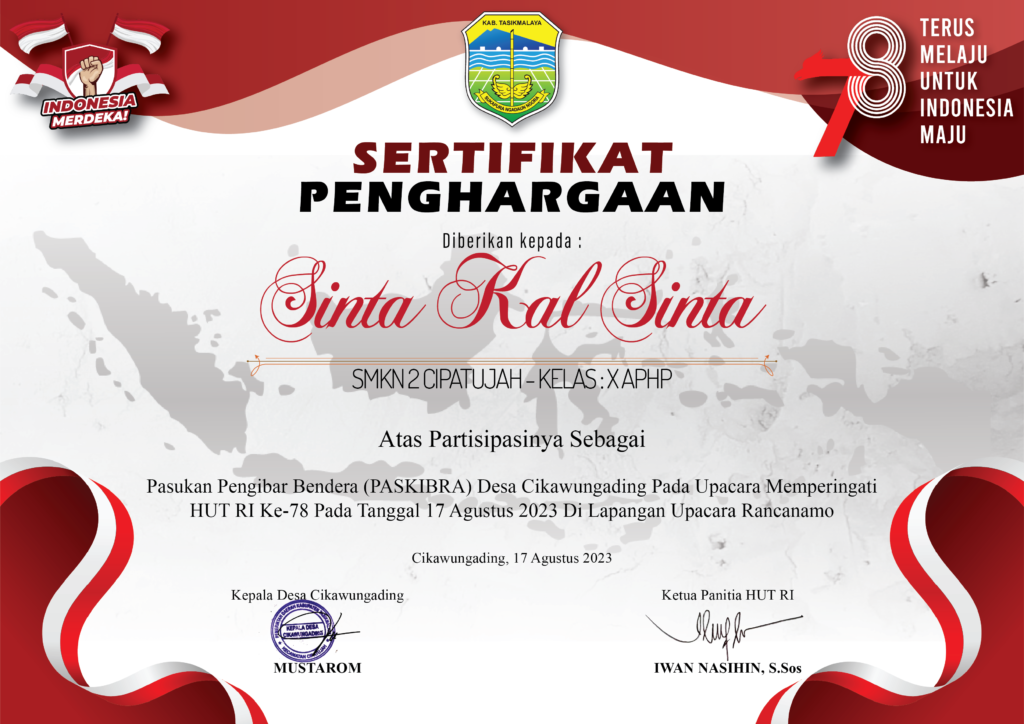 Sertifikat Penghargaan Peserta Paskibra HUT RI Ke 78 - Pemerintahan ...